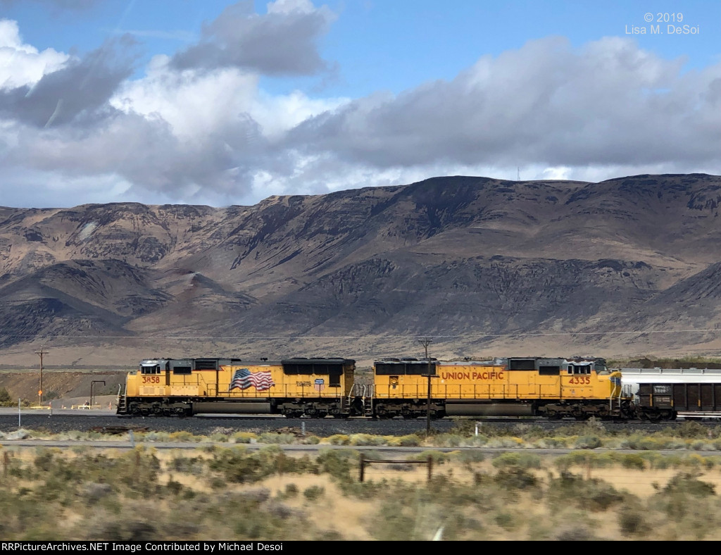 UP SD-70Ms #s 3858 & 4335 lead a westbound near Argenta, NV. September 19, 2019 (Photo by Lisa ...